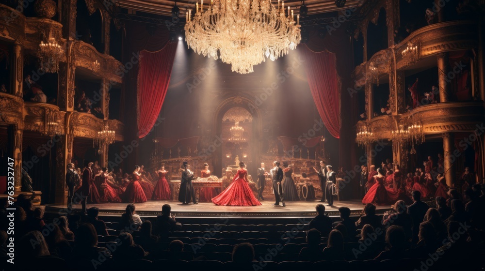 Grand opera performance in 1920s elegant stage red velvet ambiance ...