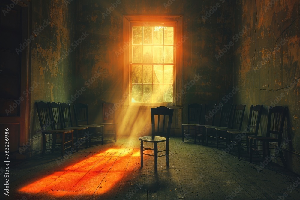 A single shadowy presence among empty chairs under soft, warm lighting ...