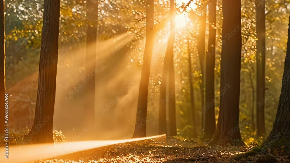 Video animation of view of a forest during sunrise. Sunlight pierces ...