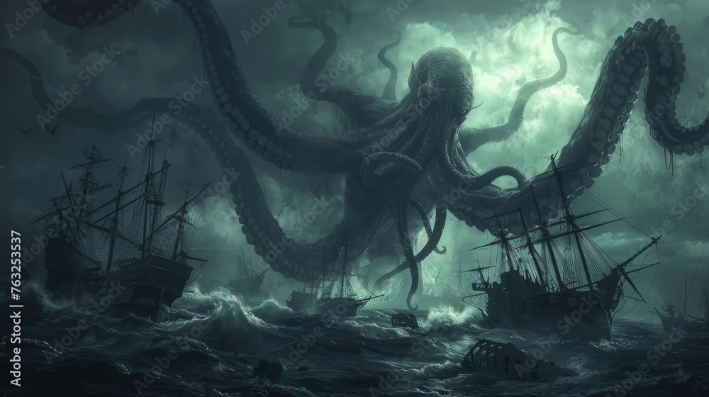 Cthulhu, the Giant Sea Monster, Destroys Ships in Dark Fantasy Scene: A ...