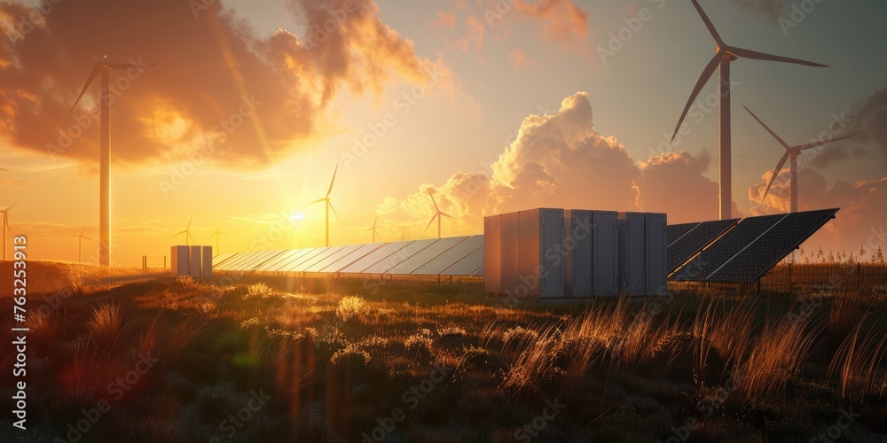 Energy Storage Technologies at Sunrise. Modern Dark Solar Panels ...