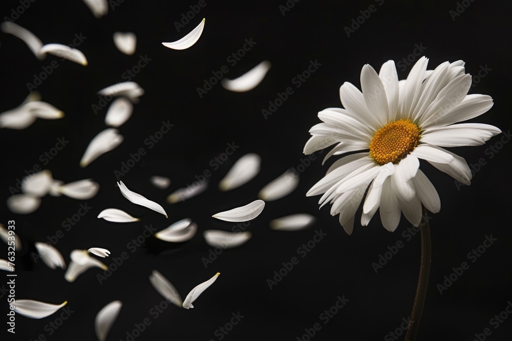 Falling Petal Daisy in Silhouette on Black Background. White Blossom ...