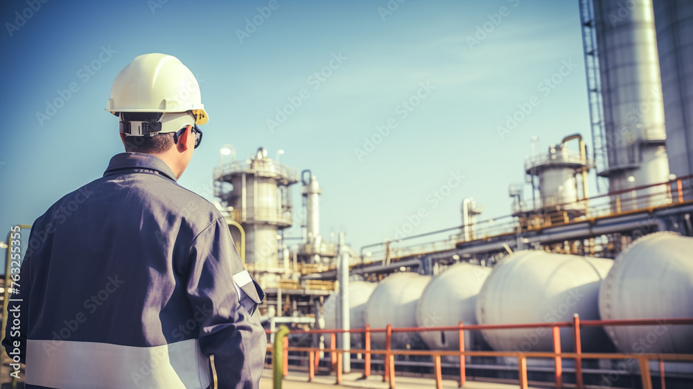 Petrochemical engineer walks along row of cisterns with oil and ...