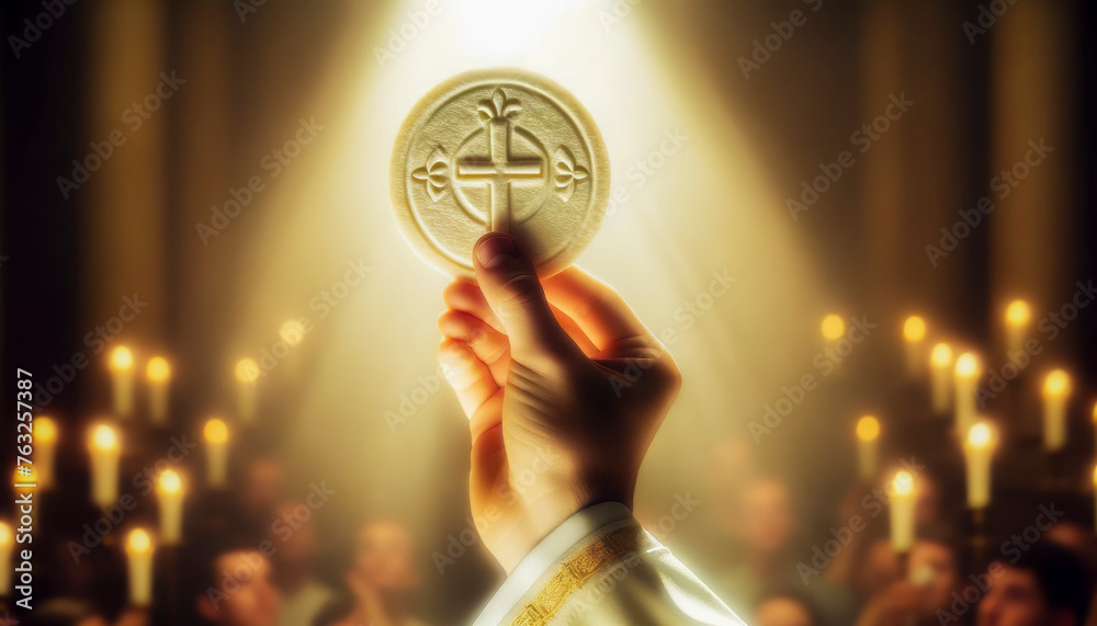 Sacrament of Eucharist: Priest's Hand Elevating Consecrated Host in ...