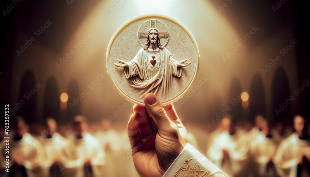 Sacrament of Eucharist: Priest's Hand Elevating Consecrated Host with ...