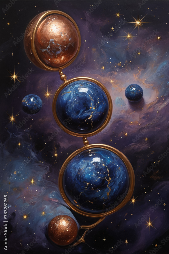 In the galaxy, the blue planets are connected to each other by golden ...