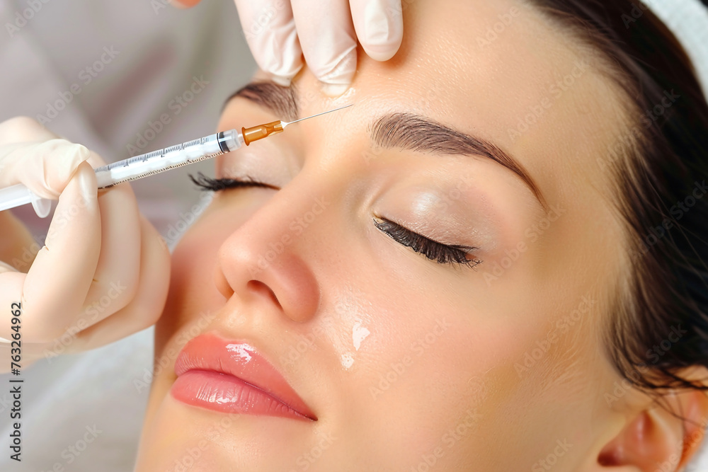 Beautiful young woman getting botox or filler injection on her face in ...