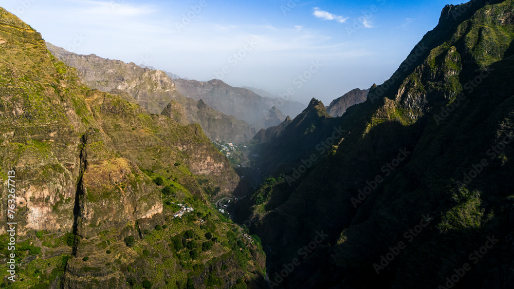 Aerial drone view of XoXo in Ribeira da Torre valley during sunrise ...