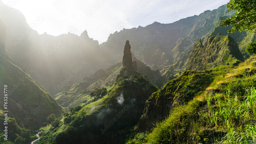 Aerial drone view of XoXo in Ribeira da Torre valley during sunrise ...