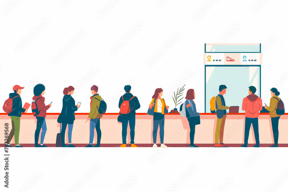 An illustration depicts a diverse group of people patiently waiting in ...