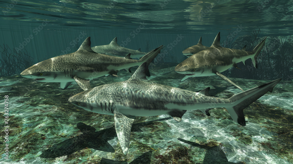 Four sharks are swimming under the ocean Stock Photo | Adobe Stock