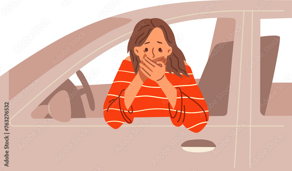 Woman driver suffers from nausea driving, leans out of car and covers ...