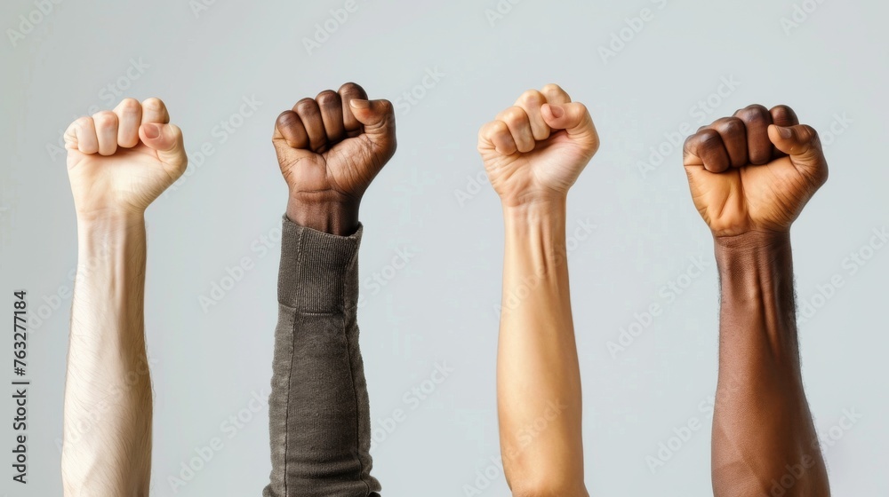 Hands of different people, of diverse race, skin color, gender raising ...