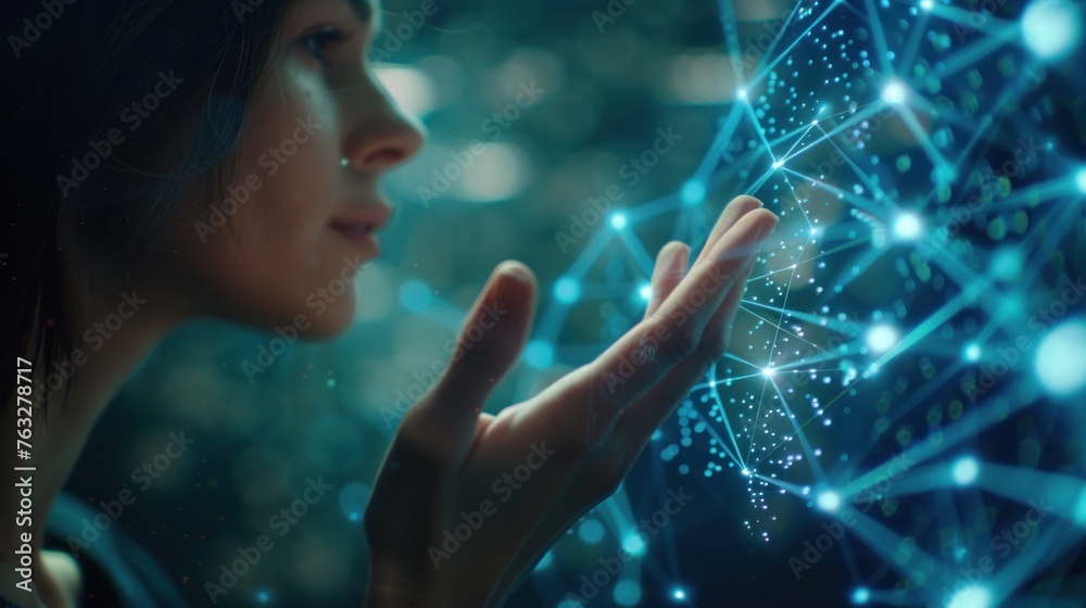 Connection and interaction. Digital neural networks. Business woman's ...