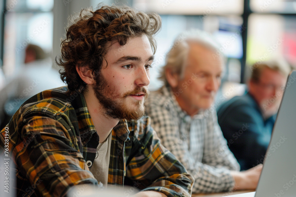 Age diversity at workplace - a young tech-savvy employee demonstrating ...