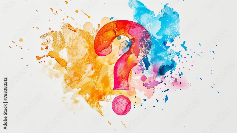watercolor, the question mark logo, vivid hues, a backdrop of pure ...