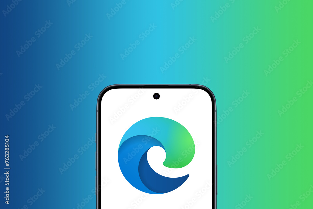 Microsoft Edge logo is displayed on a modern smartphone, colorful ...