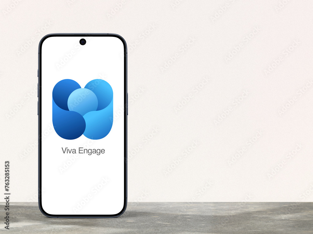 Viva Engage Logo is displayed on a modern smartphone, enterprise social ...