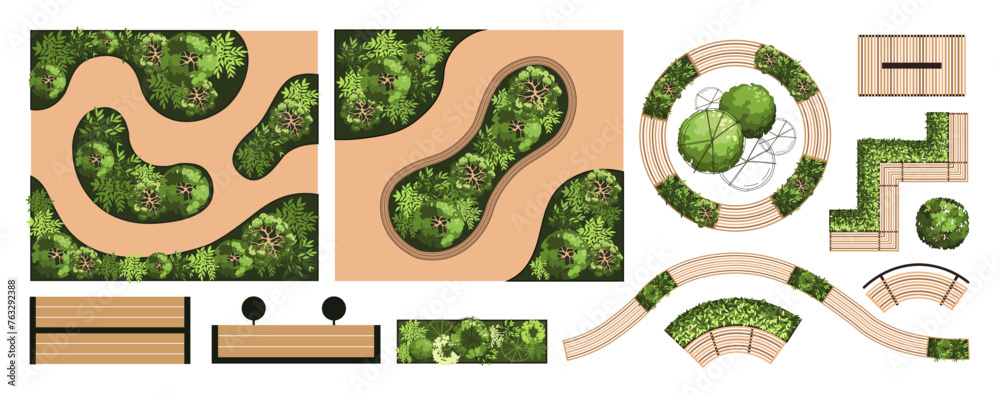 Top view elements for the landscape design plan. Trees and benches for ...