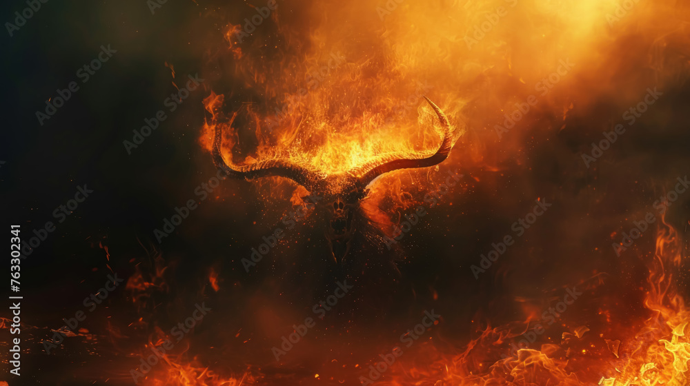 Fiery Demon Rising, A horned figure emerging from flames, symbolizing ...