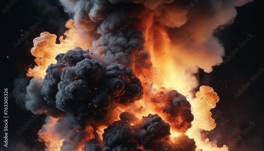 Controlled explosion. Image showing fire and smoke simultaneously on a ...