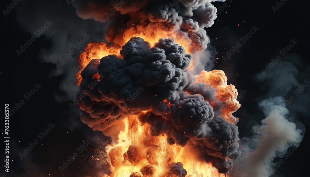Controlled explosion. Image showing fire and smoke simultaneously on a ...