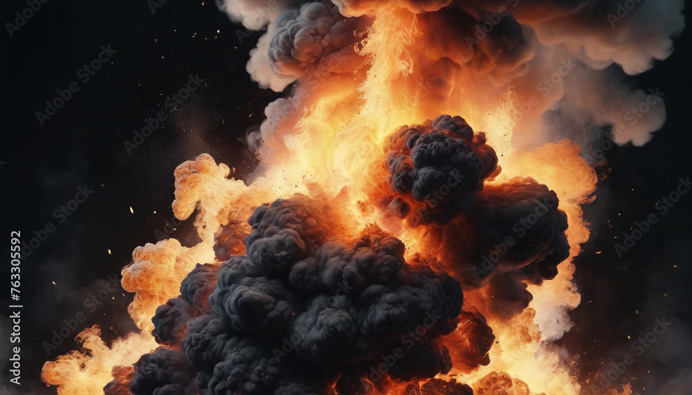 Controlled explosion. Image showing fire and smoke simultaneously on a ...