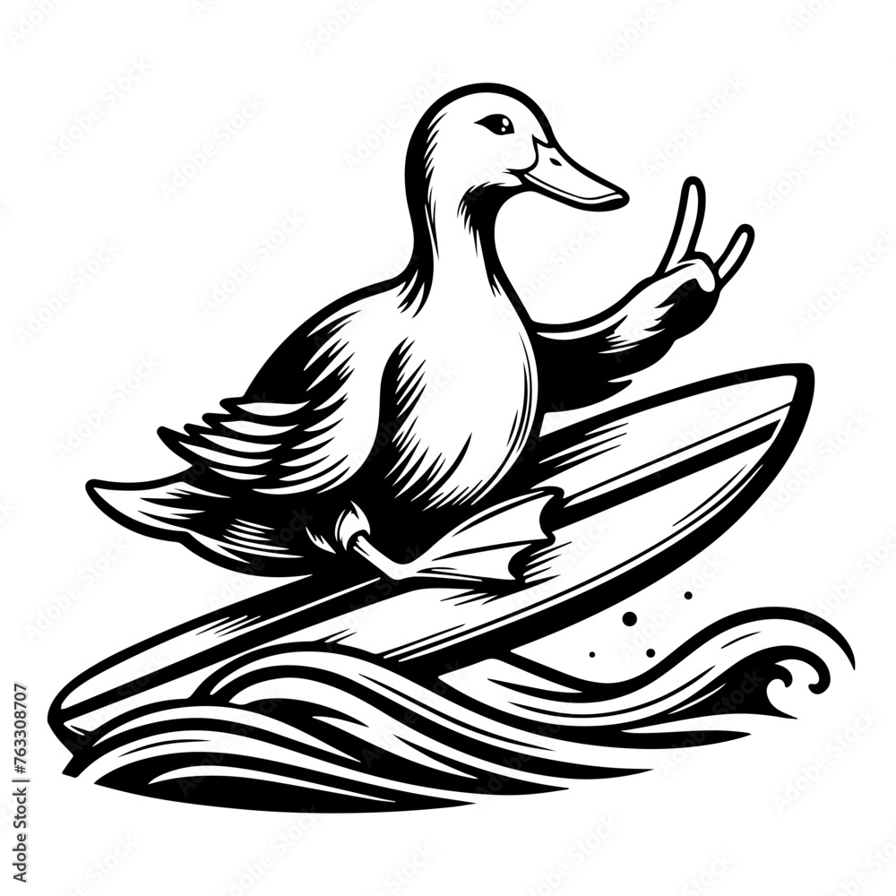 Peaceful Duck Surfing Illustration in Monochrome. Duck on Surfboard ...