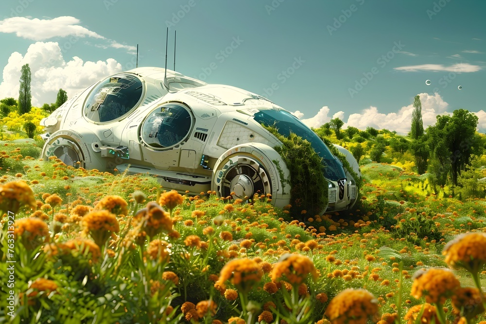 Futuristic Space Car Amidst a Flower Meadow: A Contrast of Biomass ...