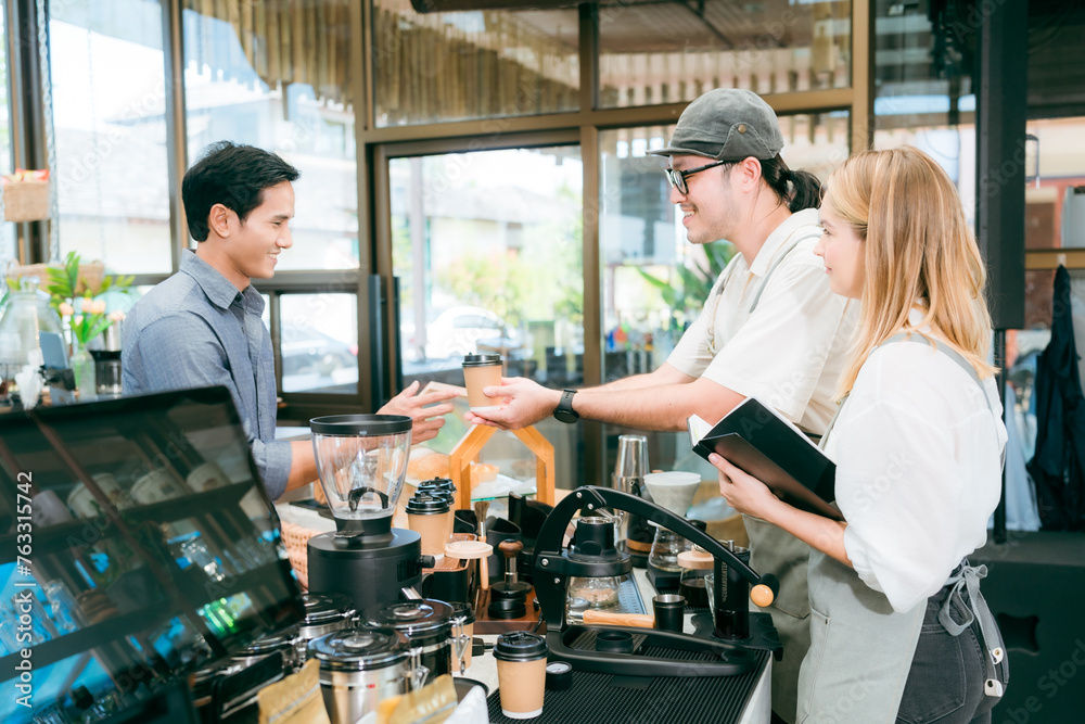 Smiling waitress wear apron take order talk to clients serving ...