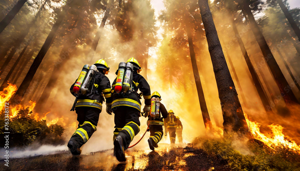 Bottom view and back view of a team of firefighters in safety uniform ...
