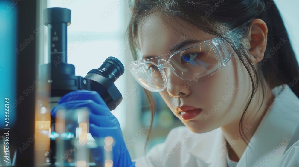 Student young girl examining biotechnology health medical. Researcher ...