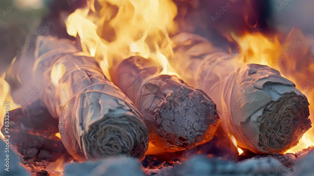 A bundle of burning sage symbolizing the smudging ritual commonly used ...