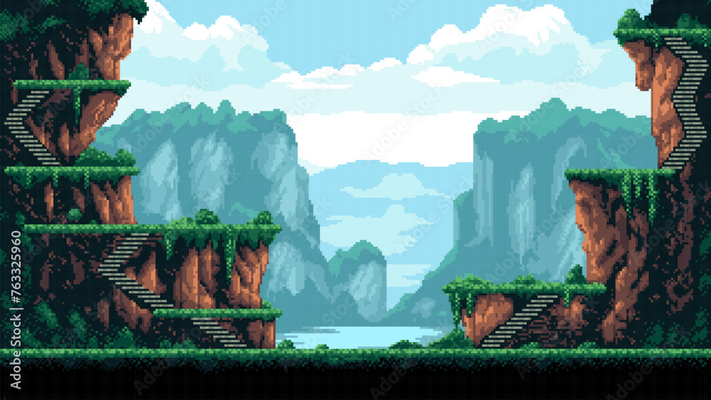 pixel art game level background, 8 bit, landscape, arcade video game ...