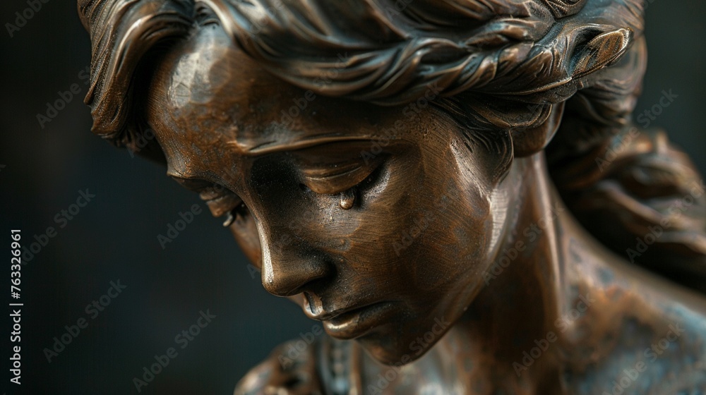 A classical bronze statue of a girl in a moment of sadness her head ...
