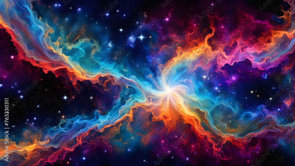Abstract background of interstellar universe, colorful rays and planets ...