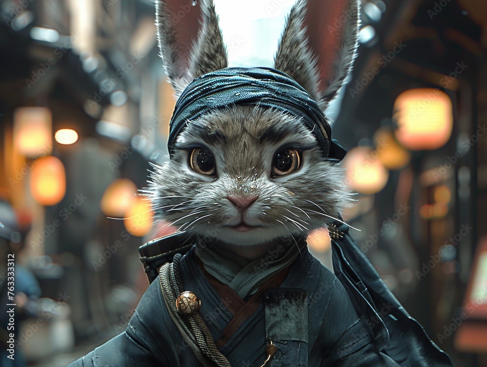 Cute rabbit ninja sneaking with a jewel, dark alley, backlit, closeup ...