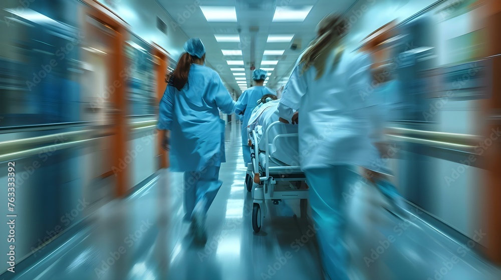 Medical team rushing patient on gurney through hospital corridor to ...