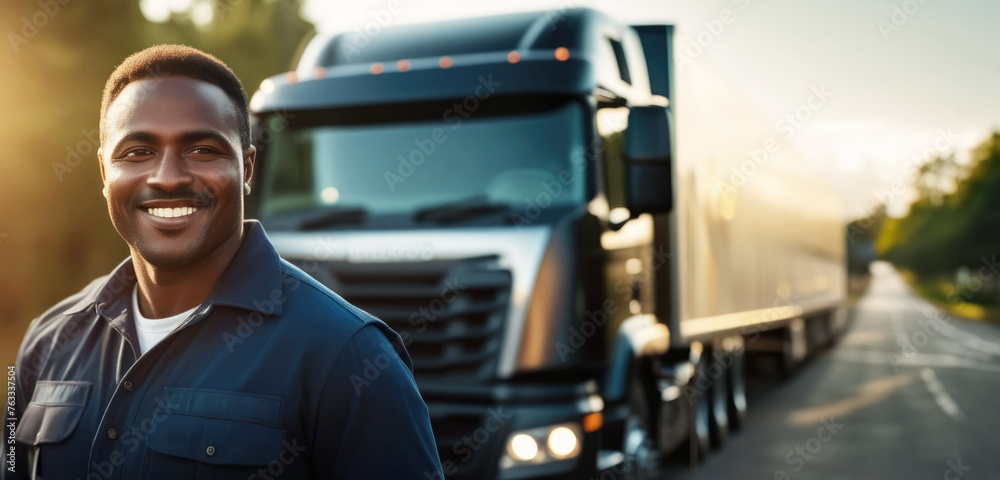 Banner with smiling dark-skinned driver on truck background with space ...