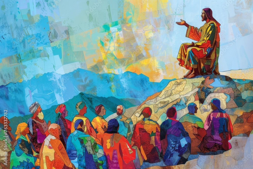 A vibrant illustration of Jesus Christ teaching the Beatitudes on a ...