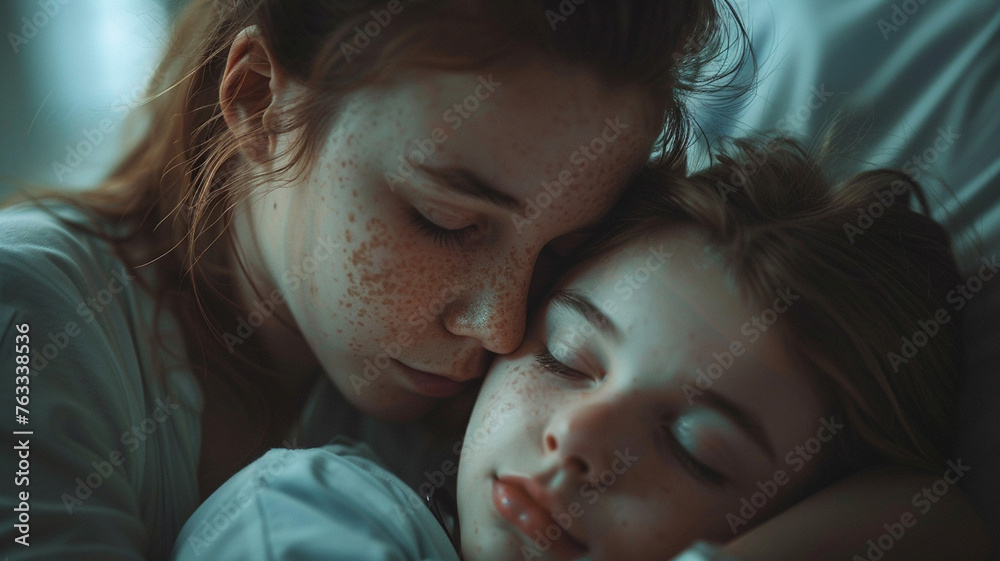 two children, siblings, sleeping together in a bed and cuddling Stock ...