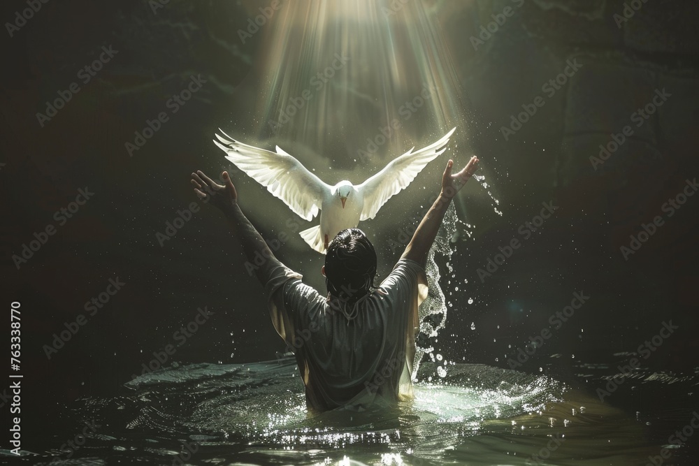An inspiring illustration of Jesus Christ's baptism by John the Baptist, with the Holy Spirit ...