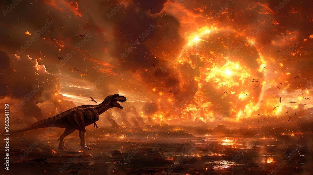 The scene of dinosaur extinction due to a meteor impact, depicting a ...