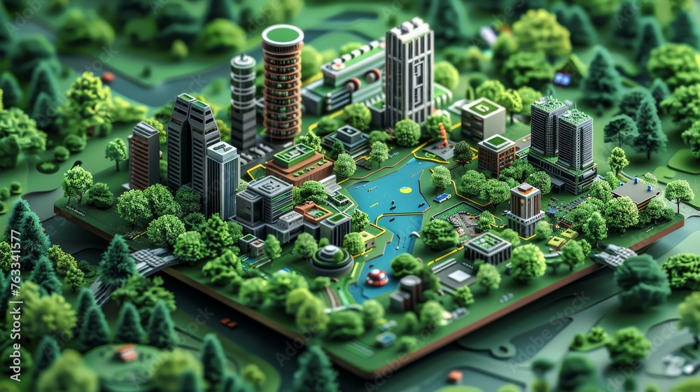 A detailed miniature city model featuring skyscrapers surrounded by ...