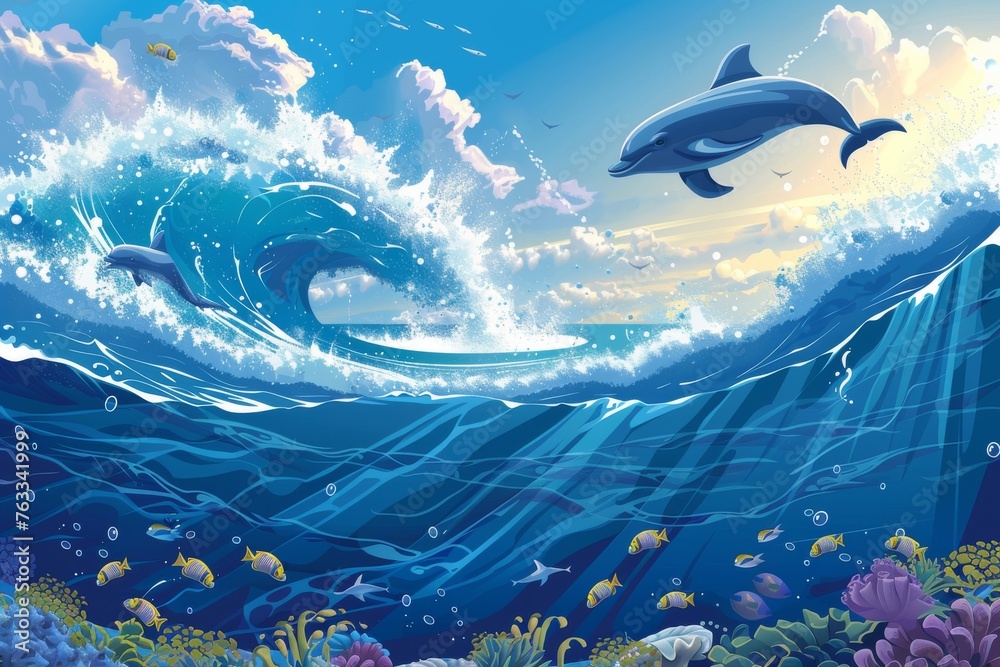 Vector illustration of a dynamic ocean wave with marine life such as ...