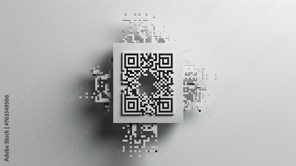 Digital QR code, pixelating into the air, modern technology concept. a ...