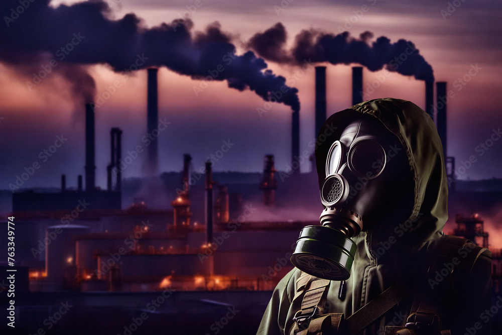 man in hazmat suit and gas mask with polluting chemical plant in ...