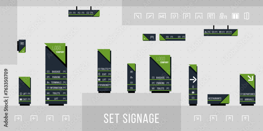 Vetor de external and internal signage systems. direction, pole, wall ...