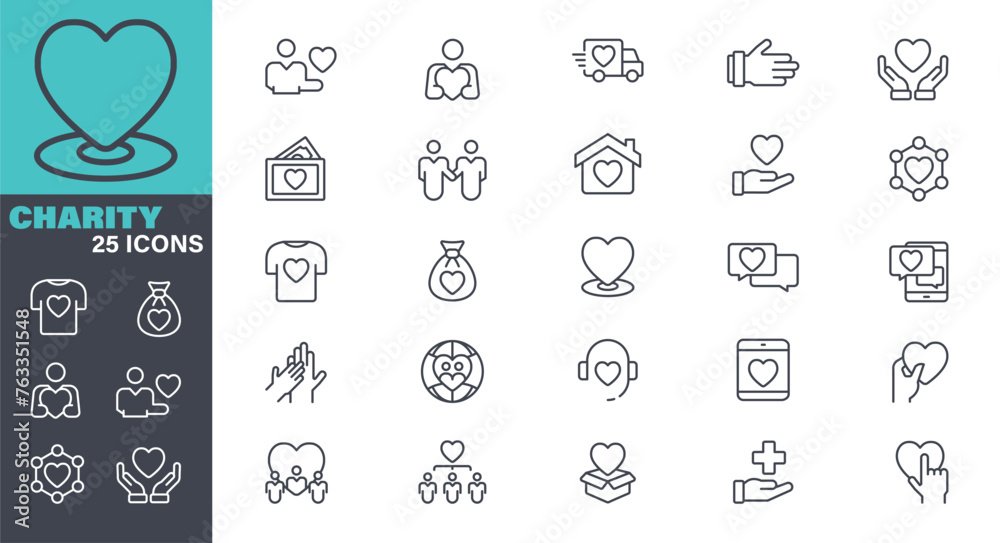 Charity Icon set. Editable stroke. The set contains icons: Charitable ...