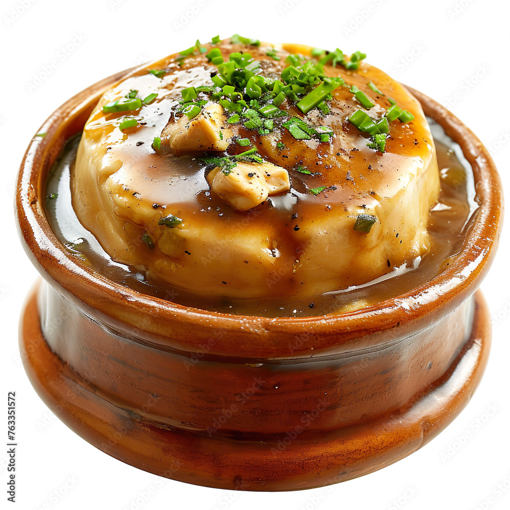 front view of Chicken and Leek Pudding with succulent pieces of chicken ...